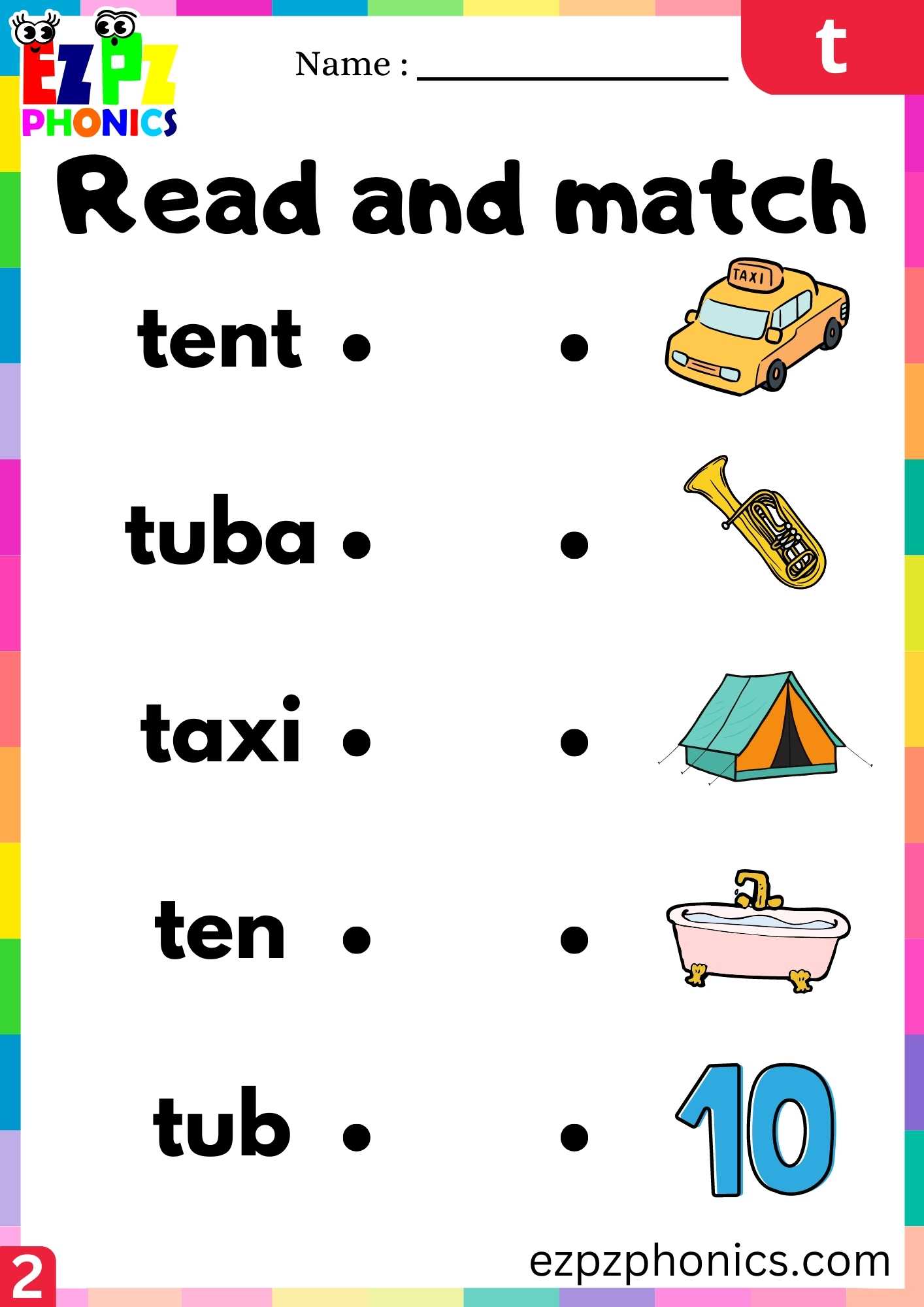 Group2 Letter T Read And Match Beginning Sounds Worksheet - ezpzphonics.com